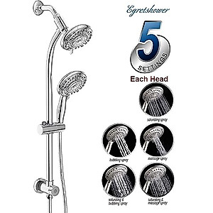 Egretshower Handheld Showerhead & Rain Shower Combo for Easy Reach, 27.5" Drill-free Stainless Steel Slide Bar, 5”of 5-setting Handheld Shower and Showerhead, with 5ft Hose - Polished Chrome