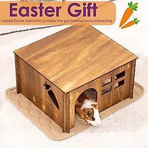 Guinea Pig Hideout and House with Liners, Easter Guinea Pig Accessories 2 Doors & Bottomless Wooden Hut with Washable Pee Pad Warm Room Retro Habitat Enclousure for Hamster Chinchilla Guinea Pigs