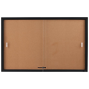 Enclosed Sliding Door Cork Bulletin Board, 5 x 3 Feet, Self-healing Corkboard Display Surface, 60" x 36" Notice Board for Wall Mount with Included Mounting Hardware, Black, Aluminum Frame