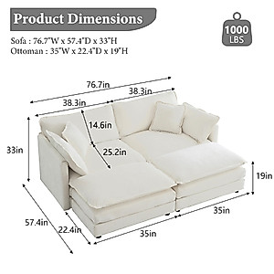 76.7" Deep Seat Sectional Cloud Sofa with 2 Ottomans & Soft Pillows, Loveseat Modular Couch for Living Room, Apartment, Small Space, Beige Chenille