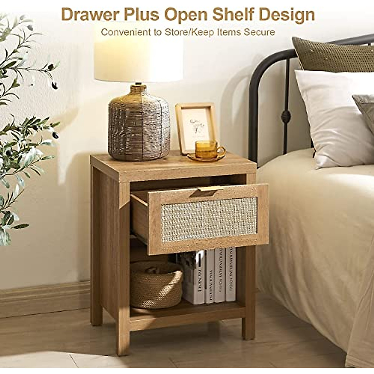 SICOTAS Rattan Nightstand - Farmhouse Night Stand with Drawer and Storage Shelf - Boho Accent Table Bedside Table End Table Side Table for Bedroom Wood