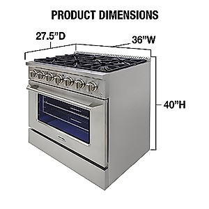 DUURA Elite DE360GRSSS Gas Range Cooktop 36-Inch with Porcelain Convection Oven and Broil Function, 6 Sealed Burners and Continuous Grates with Stainless Steel Construction, Silver