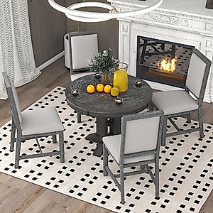 Dinehome 5-Piece Farmhouse Wood Round Extendable Dining Table Set with 4 Upholstered Chairs for Home Kitchen, Black