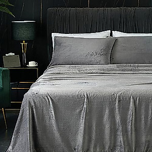 HYPREST Flannel Sheets King Size Deep Pocket, 250 GSM Micro Plush Velvet Sheets, Hotel Luxury Soft Breathable Grey King Bed Sheets Warm Fleece Sheets fits Mattress up to 24" in
