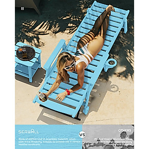 SERWALL Patio Chaise Lounge Chair Set of 2, 5 Positions Adjustable HDPE Outdoor Lounge Chair for Pool, Poly Lounge Chair with Rolling Wheels & Cup Holder for Poolside, Deck, Light Blue
