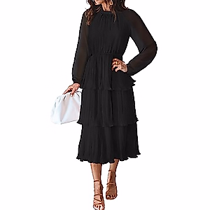 ZESICA Women's 2023 Long Sleeve Crew Neck Ruffle Tiered Layered Chiffon Flowy Swing Long Midi Dress,Black,Large