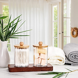 Amolliar Qtip Dispenser Apothecary Jars with Bamboo Lids - 12 oz Clear Plastic Vanity Makeup Organizer Storage Canister - Bathroom Accessories for Q-Tips, Cotton Swab, Cotton Ball, Floss (2)