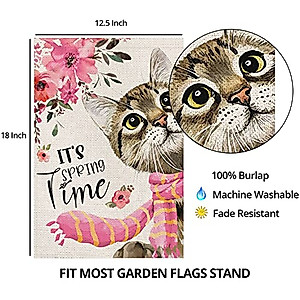 Spring Garden Flag for Outside 12x18 Double Sided,Cat with Sakura Scarf Small Yard Flag,Summer Seasonal Decors for Outdoor Anniversary Wedding Farmhouse Holiday