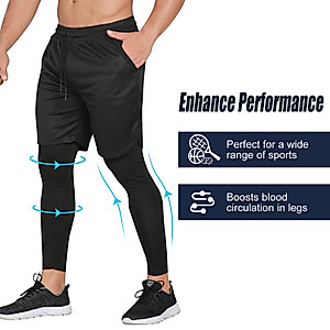 Odoland 2 Pack Mens Athletic Compression Running Pants, 2 in 1 Quick Dry Athletic Workout Sweatpants Shorts Gym Leggings with Pocket, Black/Grey, M
