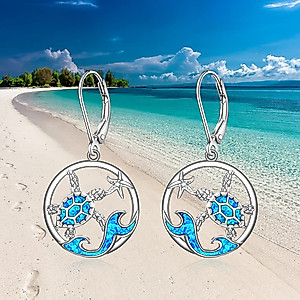Turtle Earrings for Women Blue Opal Sea Turtle Earrings Dangle Sterling Silver 925 Hawaii Ocean Wave Starfish Jewelry Cute Friendship Mothers Day Christmas Gifts