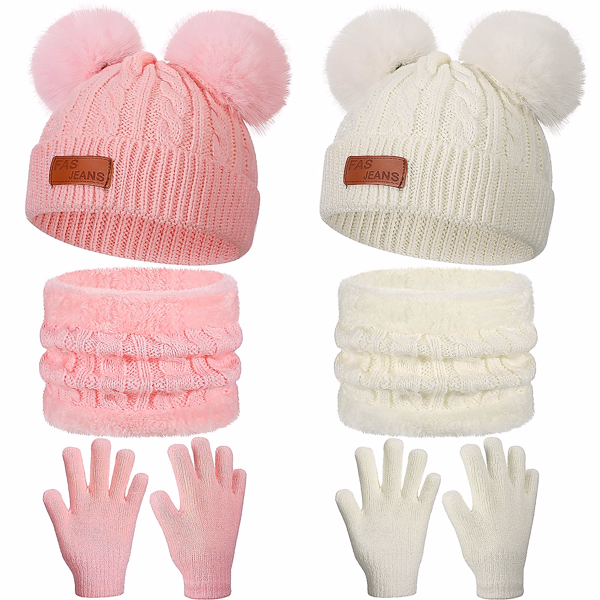 2 Set Kids Winter Hat Scarf Gloves Set Warm Toddler Knit Beanies Gloves Neck Warmer Set for Boys Children Girls (White, Pink)
