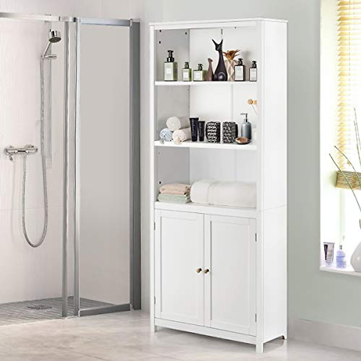 SILKYDRY Bookshelf with Storage Cabinet, 3-Tier Open Shelf, Standing Tall Bookcase with Double Doors, Anti-Tipping Device & Adjustable Shelves, Versatile Book Shelf for Home Office (White)