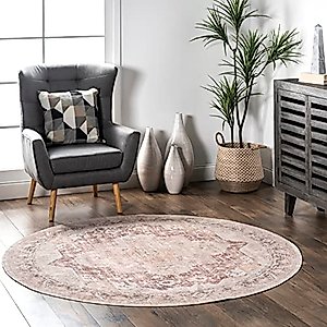 nuLOOM Rosa Machine Washable Distressed Vintage Medallion Area Rug, 6' Round, Light Pink