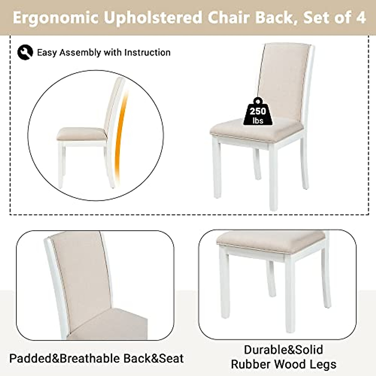 LUMISOL Upholstered Dining Chairs Set of 4, High Back Padded Dining Chairs with Solid Wood Legs, Modern Linen Fabric Kitchen Chairs (White + Beige)
