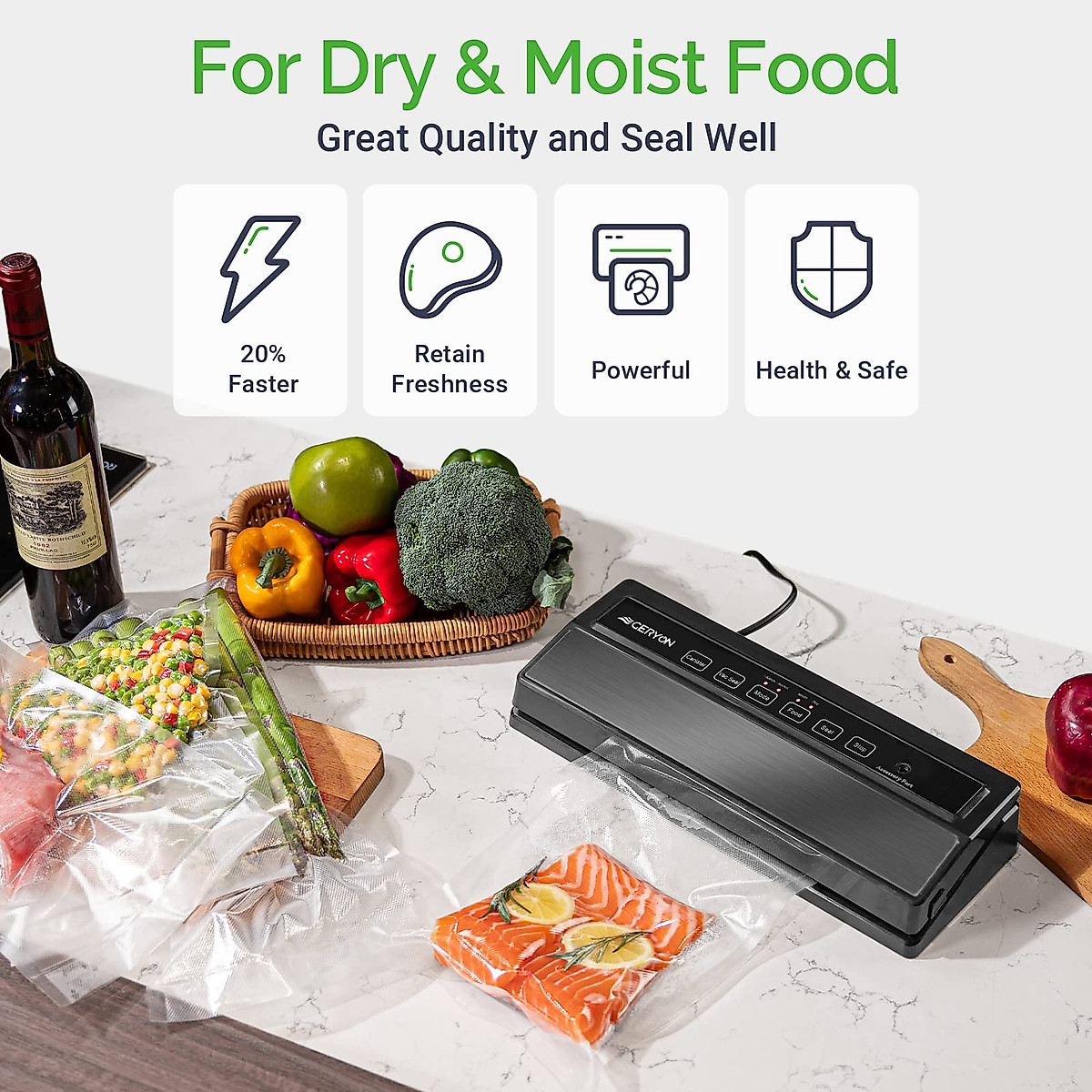 GERYON Vacuum Sealer Machine Black and 2 Pack Vacuum Sealer Bag 8x16ft Rolls