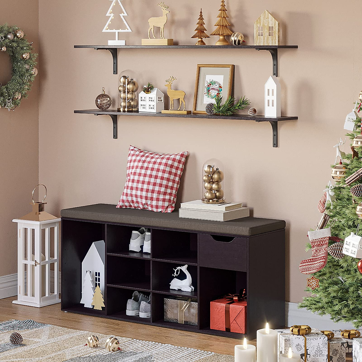 DINZI LVJ Shoe Bench, Entryway Storage Bench with Drawer and 11 Cubbies, Cubby Shoe Rack with Adjustable Shelves, Shoe Organizer Cabinet for Living Room, Bedroom, Mudroom, Closet and Garage, Espresso