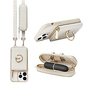 CUSTYPE for iPhone 14 Pro Max Phone Case Wallet with Strap Wrist for Women, Crossbody Purse Case with Card Holder Lipstick Pouch, Protective Leather Case with Ring for Apple 14 Pro Max 6.7inch, Beige