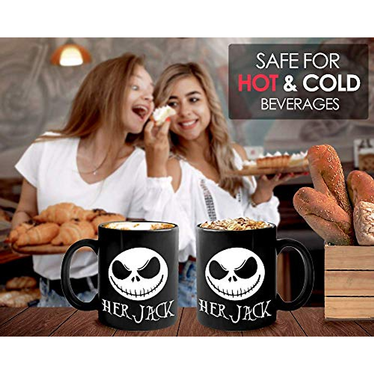 Bubble Hugs Halloween Coffee Mug - Her Jack - Witch Pumpkin Creepy Skull Scary Monster Nightmare Before Christmas Zombie Trick Or Treat Sally Skellington