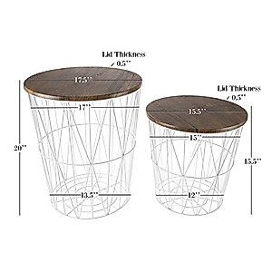 Lavish Home End Storage – Nesting Wire Basket Base and Wood Tops – Industrial Farmhouse Style Side Table Set of 2, White