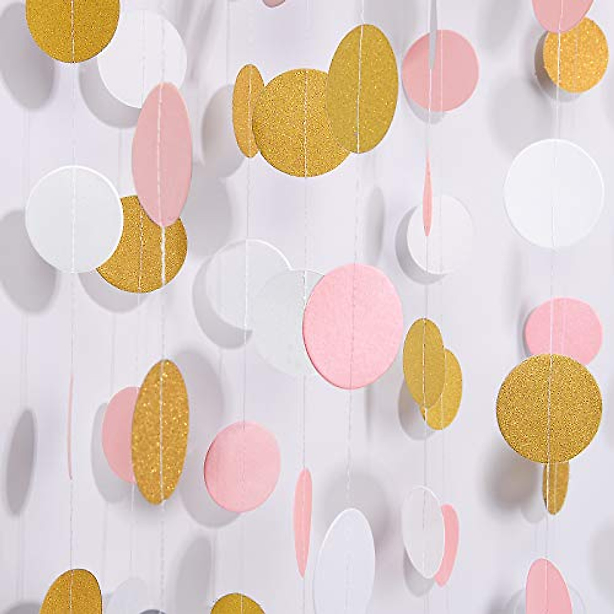 MerryNine Paper Garland, 5 Pack 50ft Glitter Paper Garland Circle Dots Hanging Decor, Paper Banner for Baby Shower, Birthday, Nursery Party Decor(Circle Polka Dots-Pink White Gold-50 Feet)