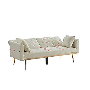 Anwick Modern Velvet 2 in 1 Futon Sofa Bed,Convertible Folding Sleeper Bed Couches with 2 Pillows,73" Tufted Recliner Love Seat with Golden Chrome Legs for Living Room Apartment Office (Beige-New)