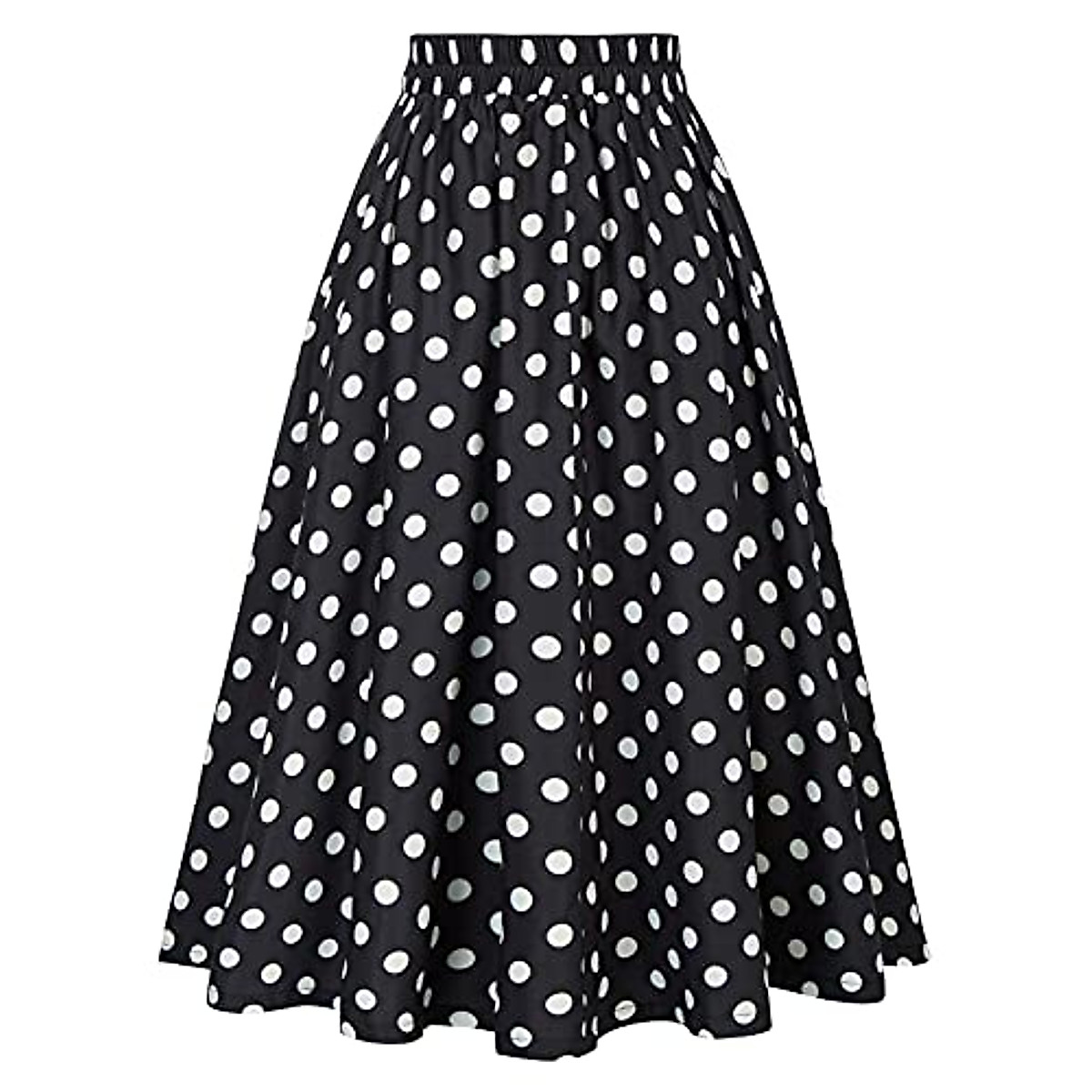 Women's Skater Flare Skirt with Pockets Solid High Waist Vinatge Skirt (Black Polka Dots,L)