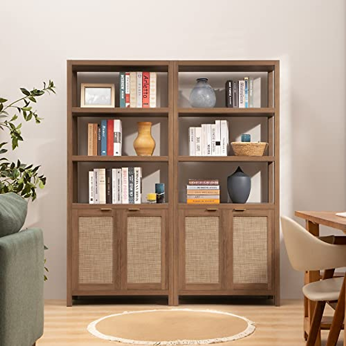 SICOTAS Bookshelf 5 Tier Book Shelf Rattan Boho Tall Bookcase with Doors Storage Wood Shelves Large Bookshelves Farmhouse Bookcases Library Book Case for Living Room Bedroom Home Office Kitchen (Oak)