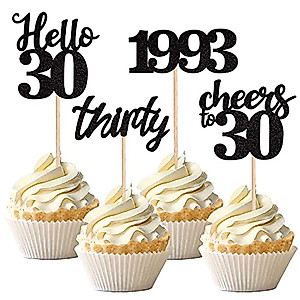 24 PCS Black 30th Birthday Cupcake Toppers Glitter Hello 30 Cupcake Topper Cheers to 30 Since 1993 Thirty Cupcake Picks for Happy 30th Birthday Anniversary Party Cake Decorations Supplies