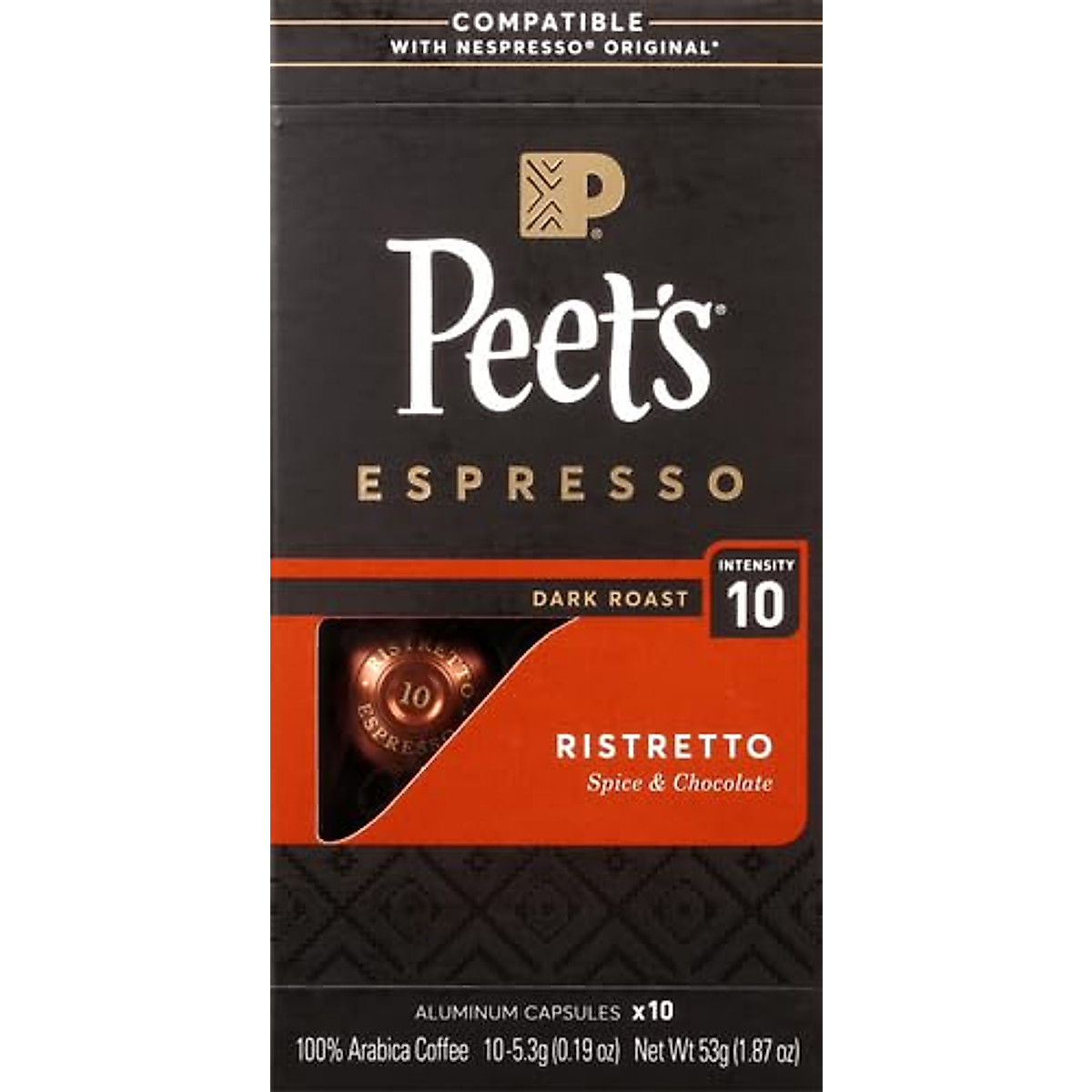 Peet's Coffee, Dark Roast Espresso Pods, Ristretto Intensity 10, 10 Count (1 Box of 10 Espresso Capsules)