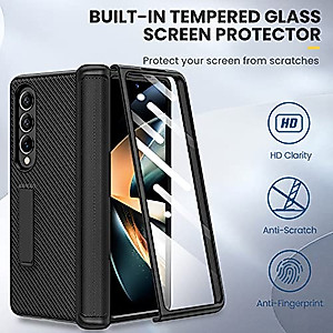 Ruky Kickstand Case for Galaxy Z Fold 4, Hinge Protection, Full Body & Built-in Screen Protector, PU Leather Stand Case for Samsung Galaxy Z Fold 4 5G, Carbon Fiber