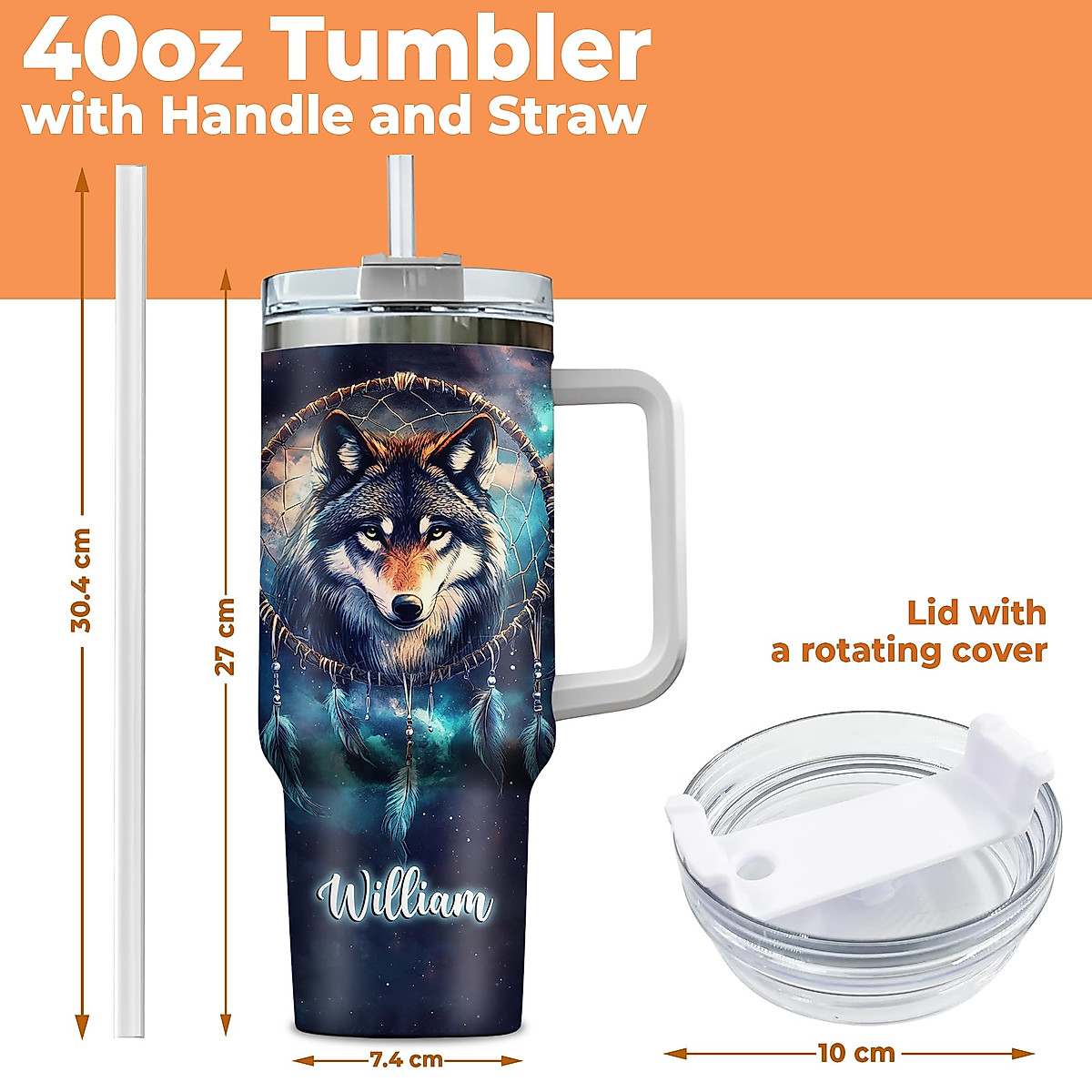 Foxcorner Personalized Wolf Tumbler 40oz with Handle & Straw - Great Wolf Dreamcatcher Gifts - Animal Lover Gifts for Men Women on Birthday Christmas - Custom Name Stainless Steel Travel Coffee Cup