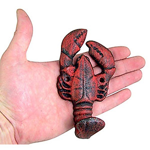 Primitive Cast Red Lobster Wall Hooks, 5 1/2 Inches, Set of 2