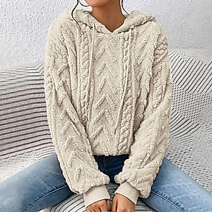 Black of Friday Deals 2023, Oversized Sweatshirts for Women Loose Fit Cable Knit Chunky Sweater Long Sleeve Thermal Plush Fleece Pullover Sweatshirts Lightweight Hoodie Winter Clothes L-Beige L
