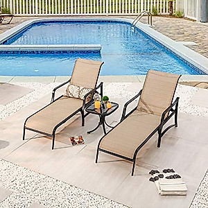 LOKATSE HOME Adjustable Patio Chaise Lounge Set of 2, Outdoor Textiline Reclining Chairs with 1 Glass Top Bistro Table Sturdy Metal Frame for Backyard Porch Poolside, Beige