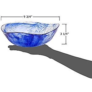 Red Co. 9.5 Inch 62 Ounce Etched Wavy Glass Salad Bowl, Large Tabletop Centerpiece, Blue