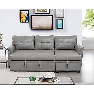 Naomi Home Diora Sectional Sleeper Sofa - Elegant L-Shaped Couch Convertible Pull-Out Bed, Ample Storage, Timeless Design, Sturdy Construction, Long-Lasting for Modern Living, Air Leather, Gray