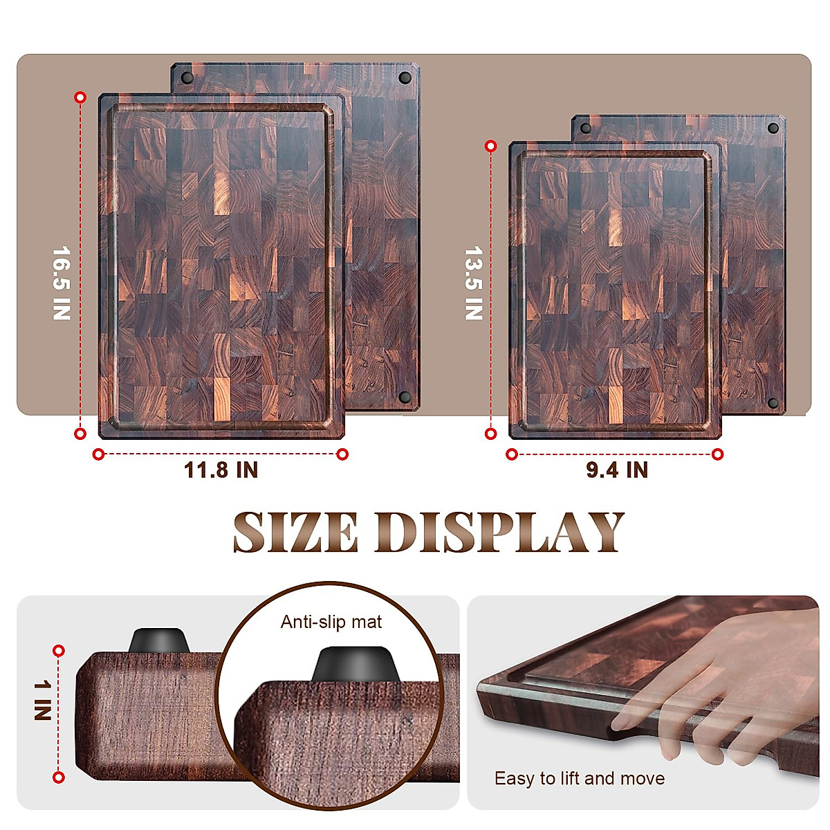 COCOBOSS Walnut Cutting Boards for Kitchen Chopping Board End Grain Cutting Board Premium Black Walnut Wood Cutting Board with Juice Groove, Non-Slip Feet & Handles(13.5 x 9.4 x 1.0 Inch, Gift Box)