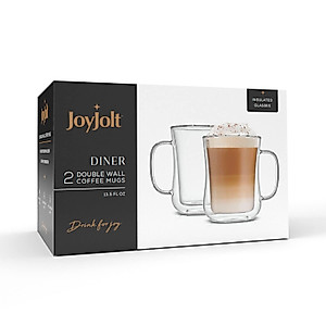 JoyJolt Double Wall Glass Coffee Mugs - 13.5oz Diner Coffee Mug Set of 2 Glass Coffee Cups. Insulated Coffee Mug, Cappuccino Cup, Latte Cup. Glasses That Don't Sweat, Clear Mugs for Hot Beverages.