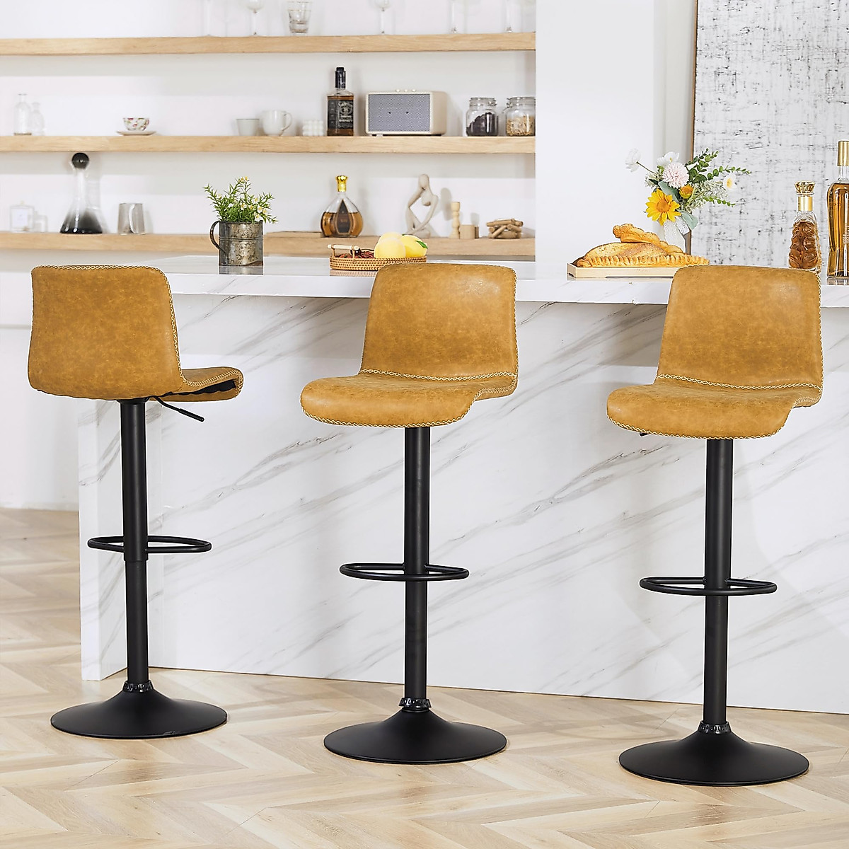 HeuGah Swivel Bar Stools Set of 4, Counter Height with Back, Adjustable Height 24" to 32", Faux Leather for Kitchen Island (Whiskey Brown, Set of 4 (24'' to 32''))