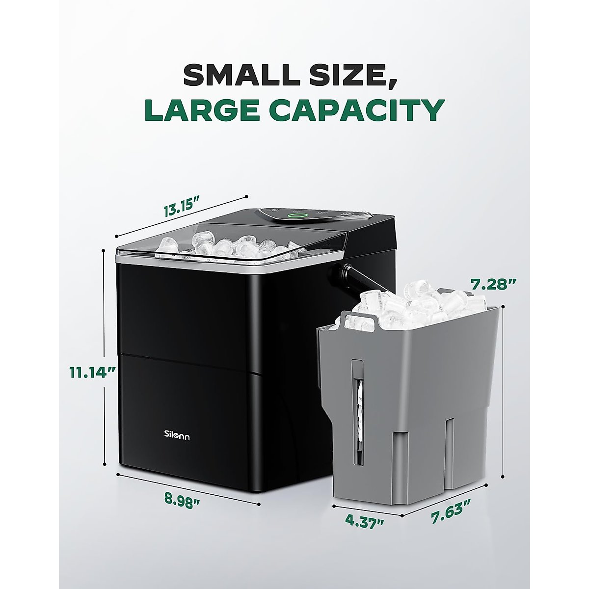Silonn Countertop Ice Maker with Expanding Ice Basket, 9 Cubes in 6 Mins, 2.5L Ice Basket, Self-Cleaning Ice Maker with LED Touch Control, 2 Bullet Ice Sizes for Home, Kitchen, Office