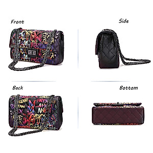 VOGUZY Fashion Quilted Handbags for Women Graffiti PU Crossbody Bags Shoulder Handbags Purse with Metal Chain Black Graffiti