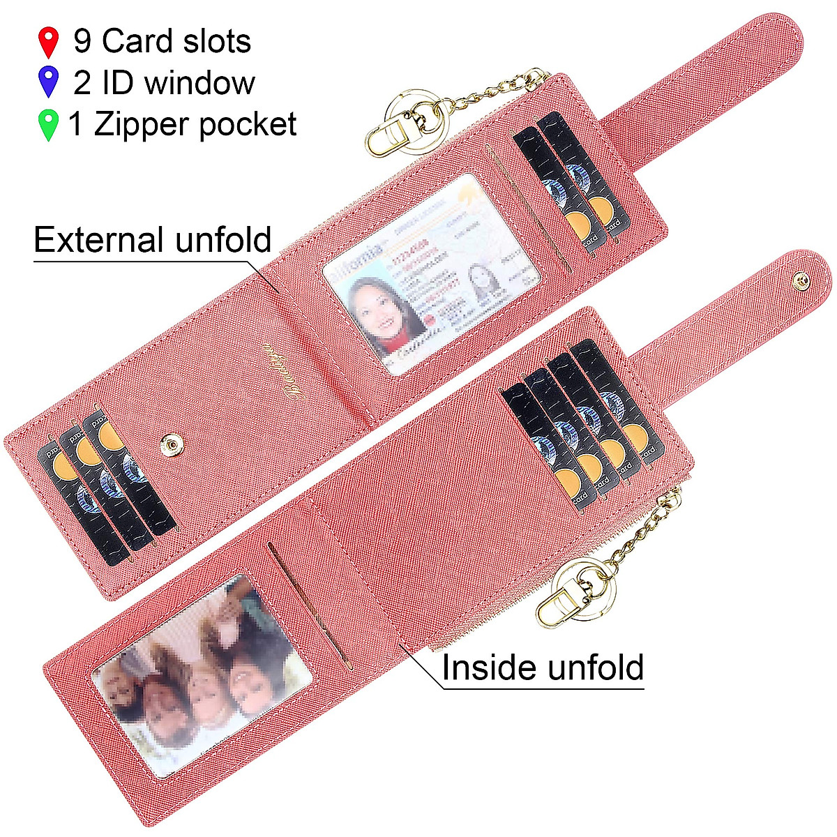 Badiya Slim Wallet for Women RFID Card Holder Bifold Zipper Multi Card Case