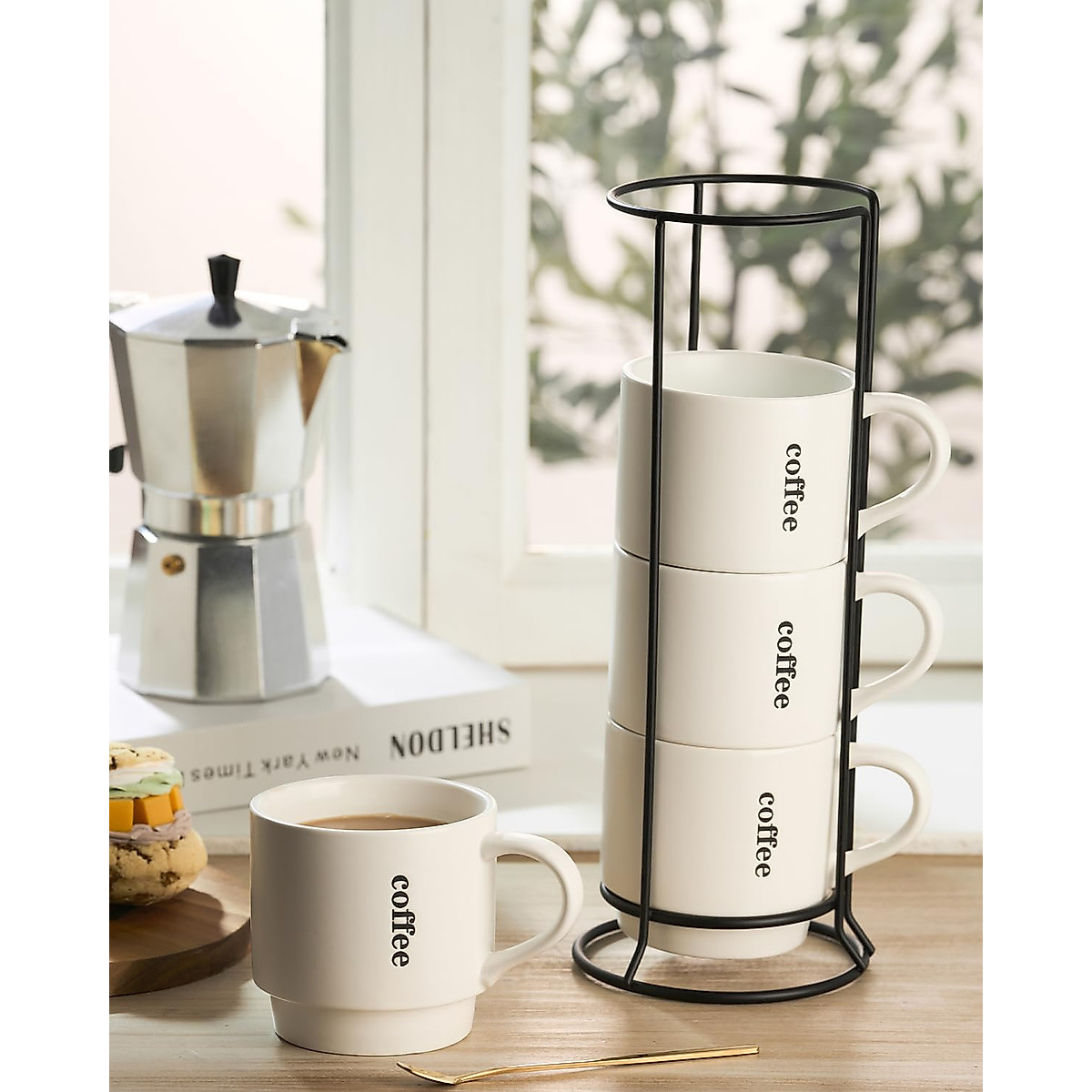 LAUCHUH Coffee Mugs Set of 4, 15 Ounce Stackable Coffee Mugs with Rack Latte Cup Porcelain Mugs for Coffee, Tea, Hot Cocoa, Milk, Dishwasher & Microwave Safe for Christmas, White