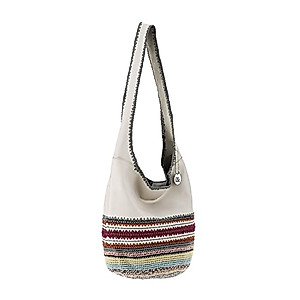 The Sak Back To Bali 120 Hobo Bag in Leather & Hand-Crochet, Large Shoulder Purse, Stone Seminyak