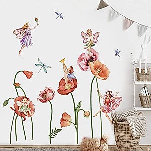 decalmile Poppy Flower Fairy Wall Stickers Floral Elf Wall Decals Baby Nursery Kids Room Living Room Wall Decor