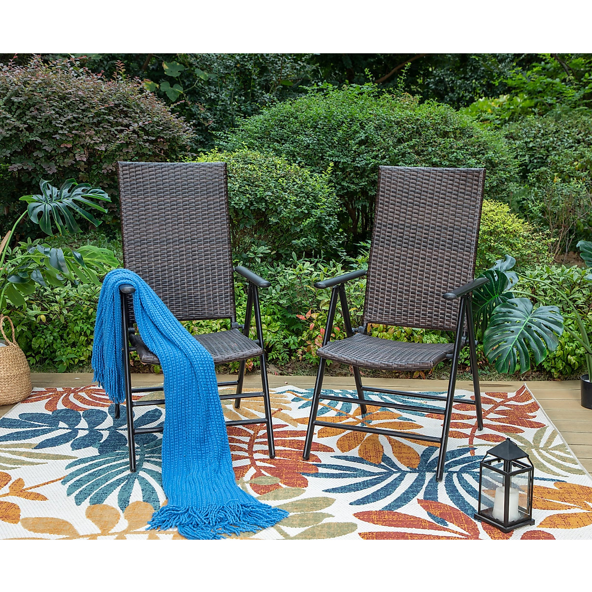 PHI VILLA Patio Wicker Dining Chairs Set of 2, Adjustable Folding Patio Chairs Outdoor Rattan Wicker Chairs for Deck, Porch, Poolside, Yard