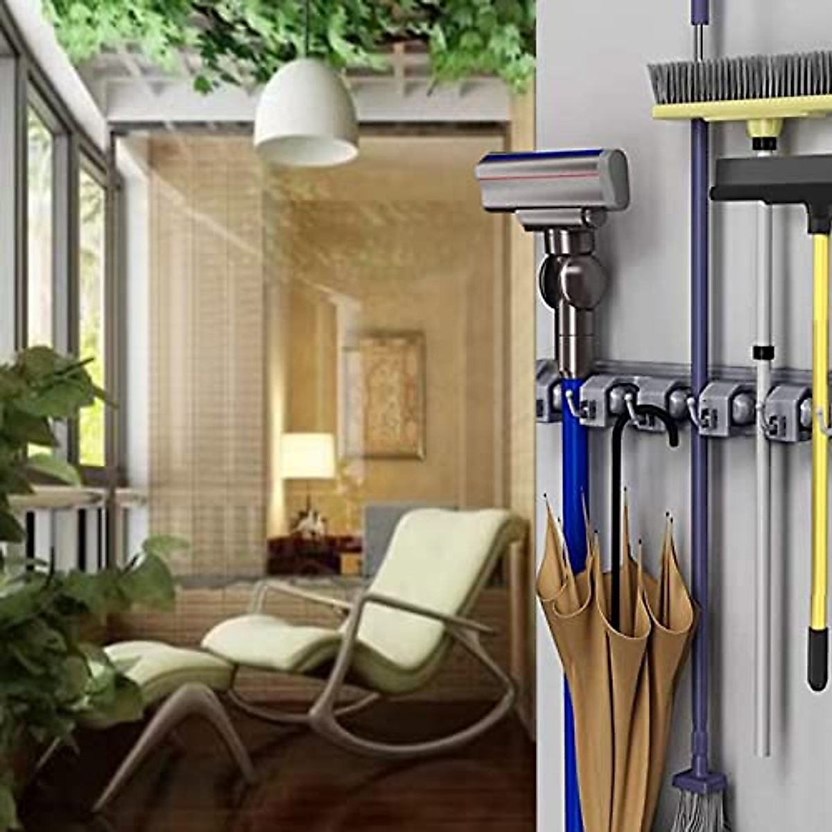 YouOKLight Broom holder wall mount, mop and broom hanger wall mount garden tool organizers storage rack, broom organizer mop holder hanger. For Home Garden Garage And Storage, 5 Slots, 6 Hooks, Grey.