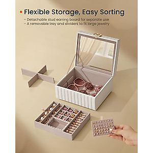 SONGMICS HOME ANAH Collection - 2-Tier Jewelry Box with Mirror, Jewelry Organizer, Removable Tray, PU Surface with Stitching, Floating Effect, 8.5 x 9.4 x 5.3 Inches, Christmas Gift, Cloud White