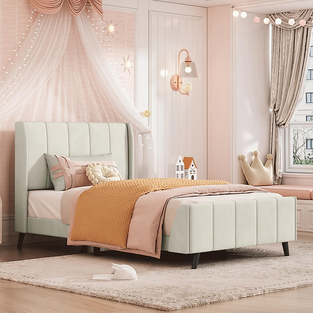 Twin Size Bed Frame,Velvet Upholstery with Headboard and Support Board,No Springs,Non-Slip and Noiseless, Easy Assembly,Beige