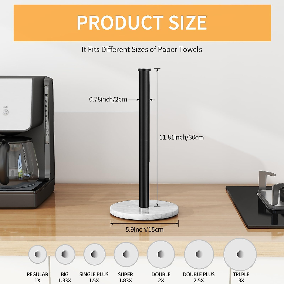 Paper Towel Holder Countertop, Jesginboo Kitchen Paper Towel Holder Stand with Natural Marble Base for Standard and Large Size Rolls (Black, 1 Pack)